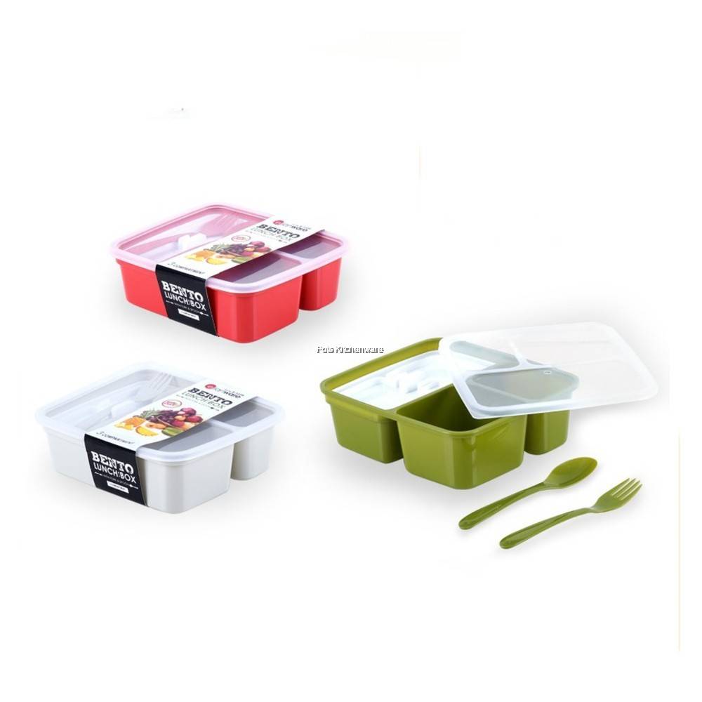 Elianware 3 Compartment BPA Free Plastic Lunch Box with Cutlery Bekas ...