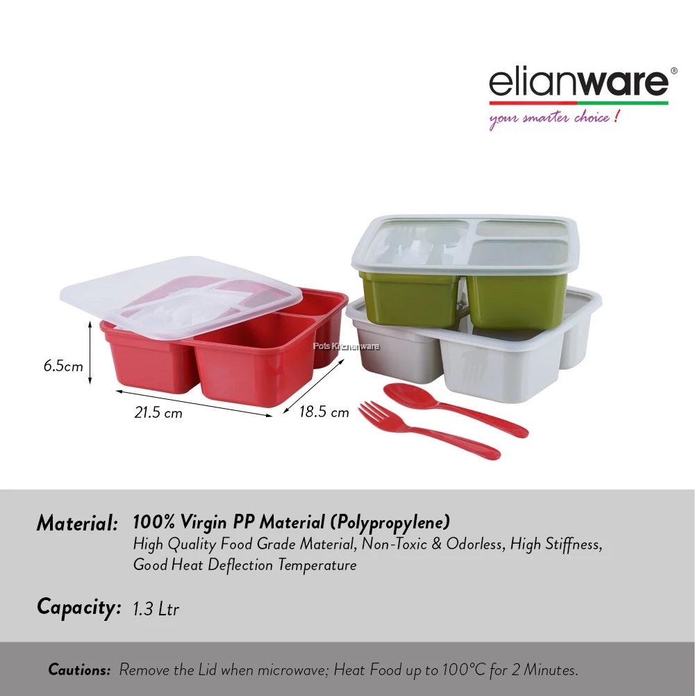 Elianware 3 Compartment BPA Free Plastic Lunch Box with Cutlery Bekas ...