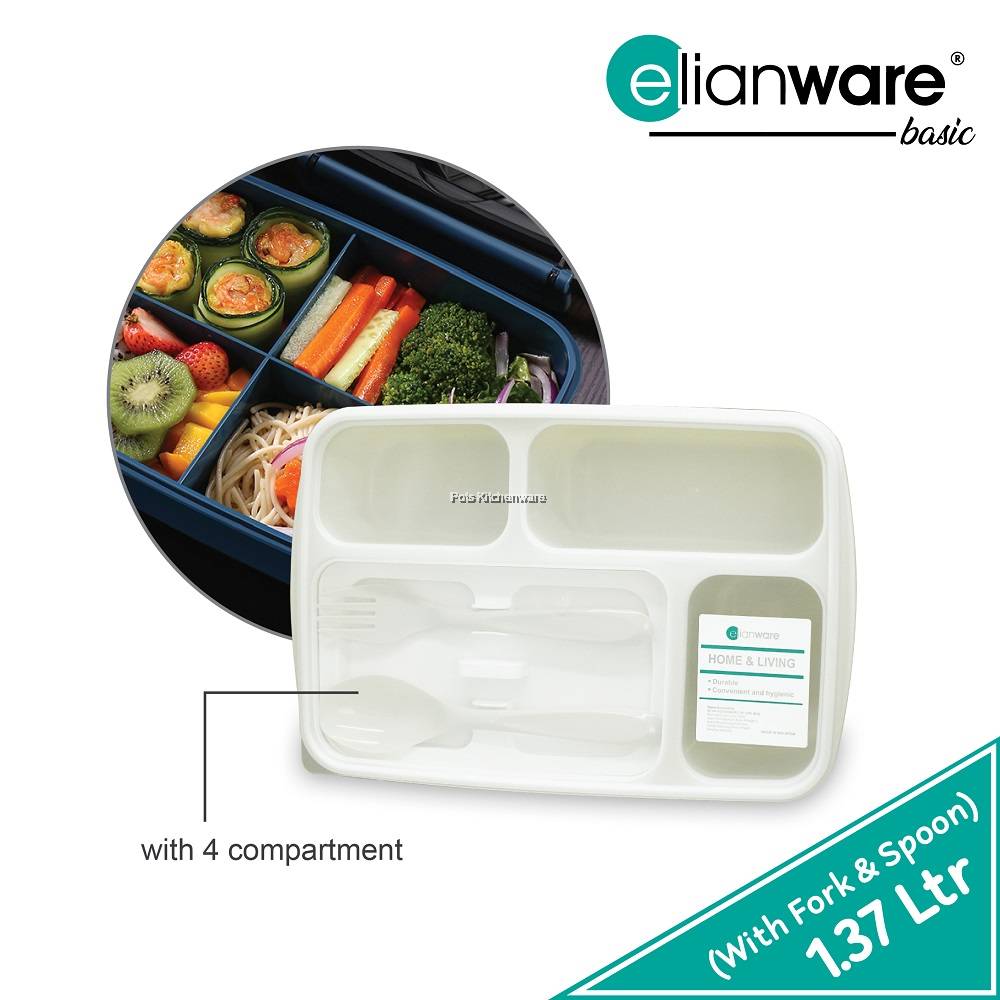 Elianware 4 Compartment BPA Free Plastic Lunch Box with Cutlery Bekas ...