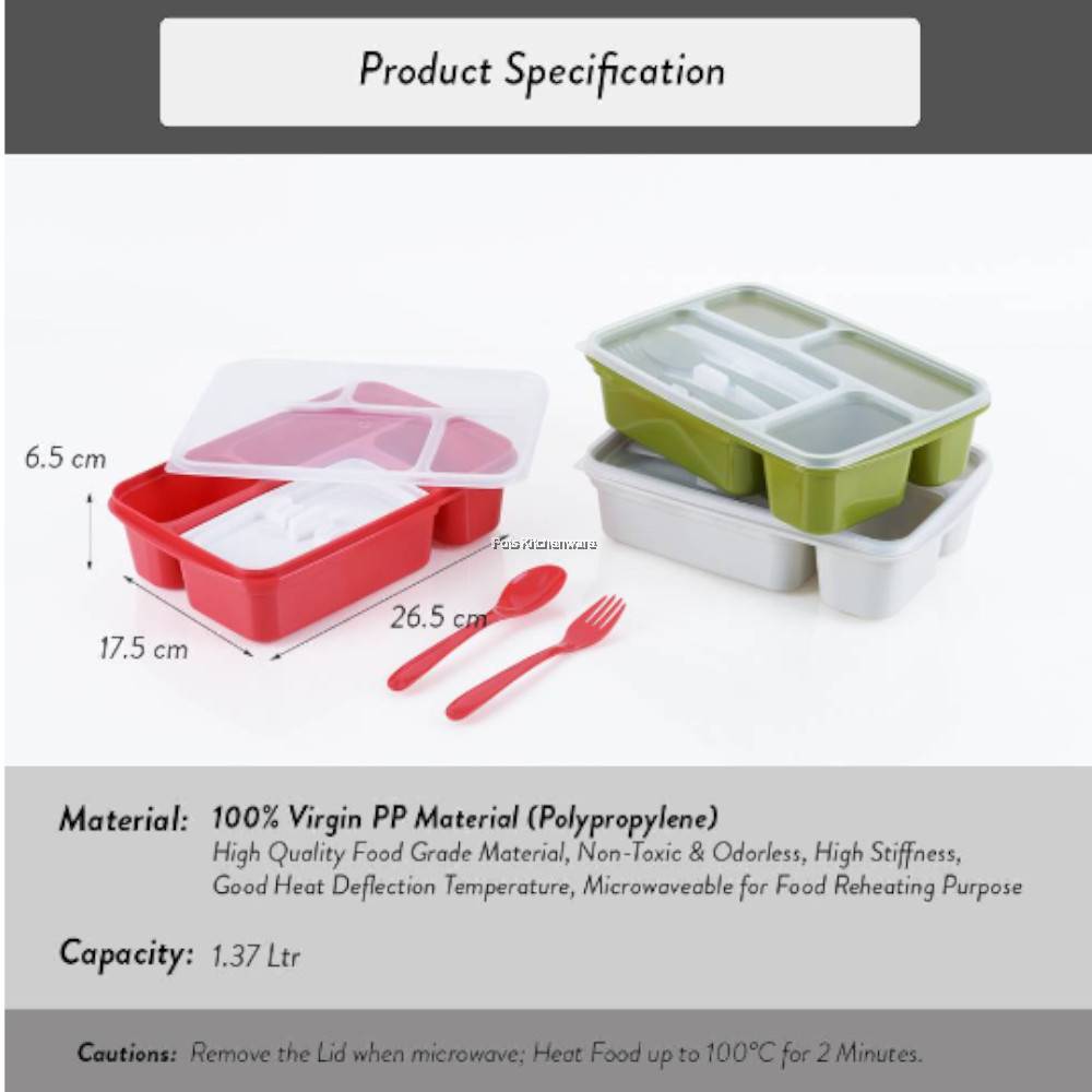 Elianware 4 Compartment BPA Free Plastic Lunch Box with Cutlery Bekas ...