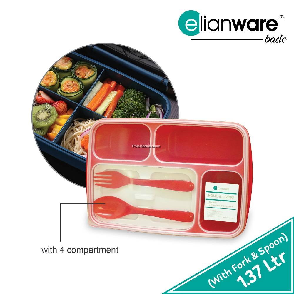 Elianware 4 Compartment BPA Free Plastic Lunch Box with Cutlery Bekas ...