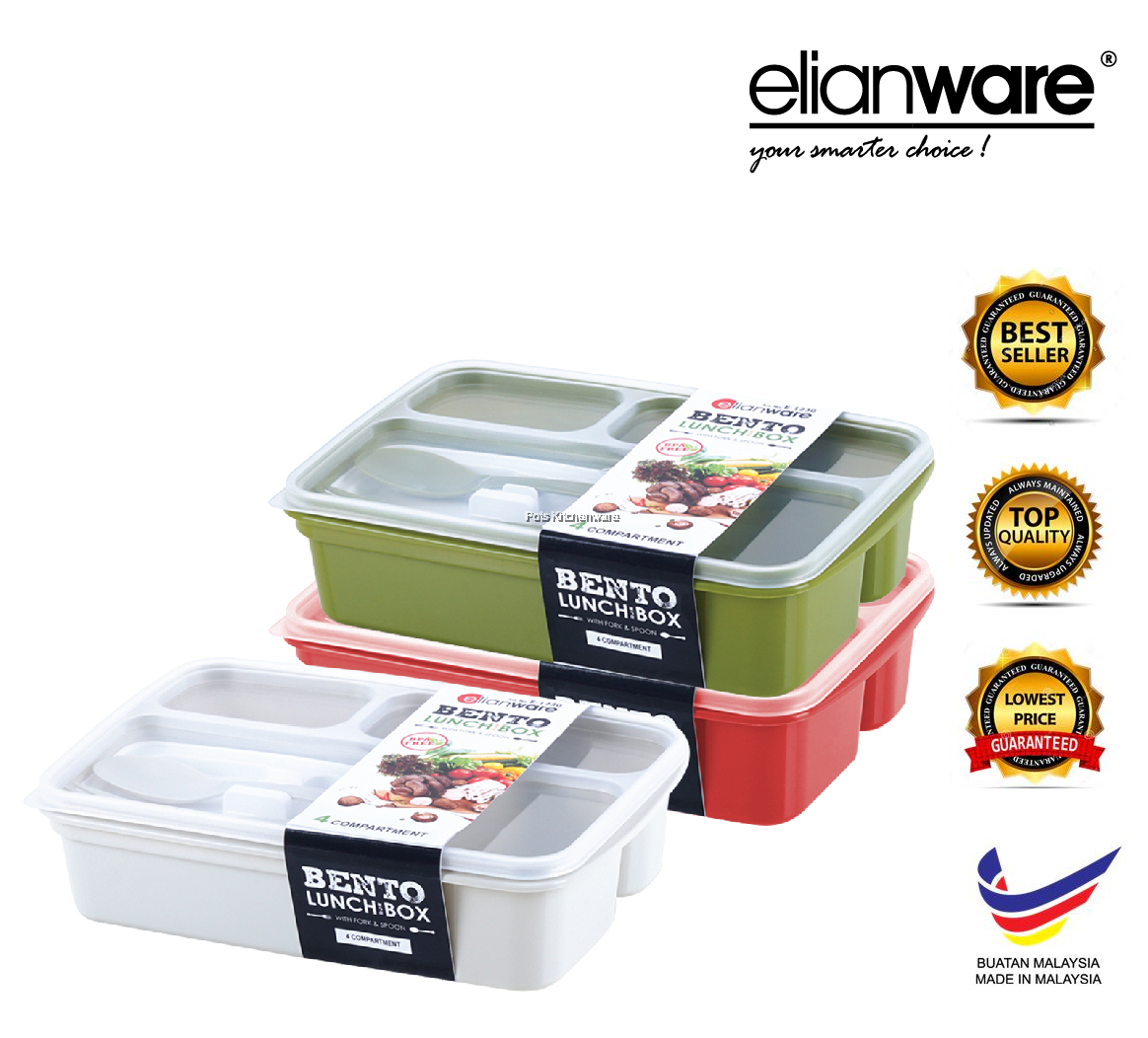 Elianware 4 Compartment BPA Free Plastic Lunch Box with Cutlery Bekas ...