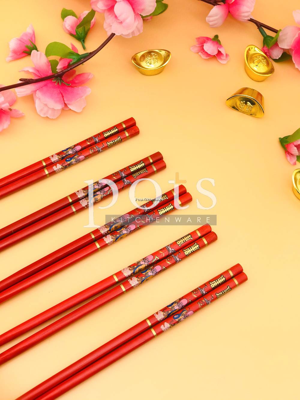 Zelex 5 pairs 24cm Chinese New Year CNY Style Bamboo Chopsticks 竹筷子 - 3800
