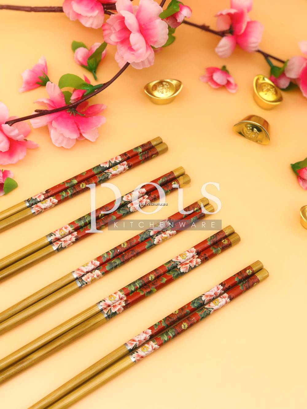 Zelex 5 pairs 24cm Chinese New Year CNY Style Bamboo Chopsticks - 3800