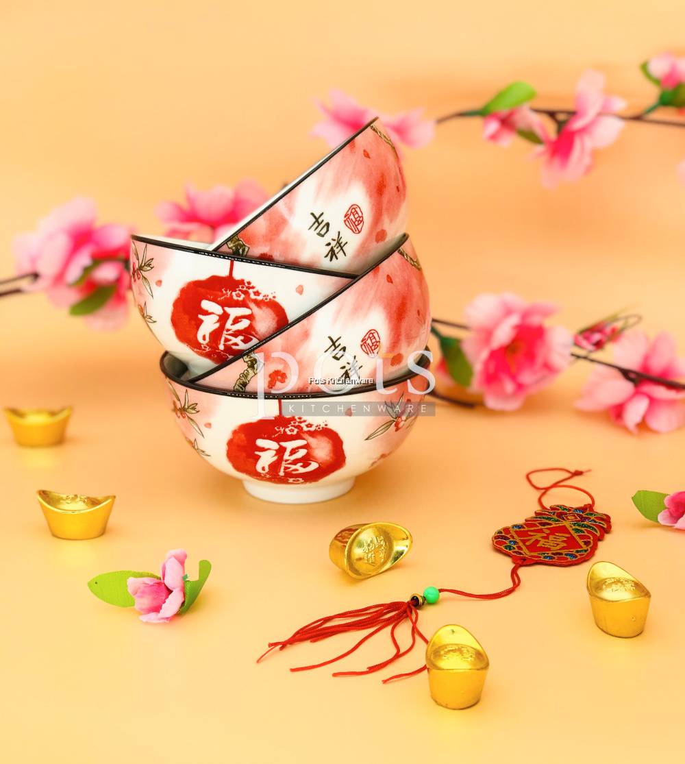Chinese New Year CNY Style 福气吉祥 Porcelain Tableware Rice Plate Soup ...