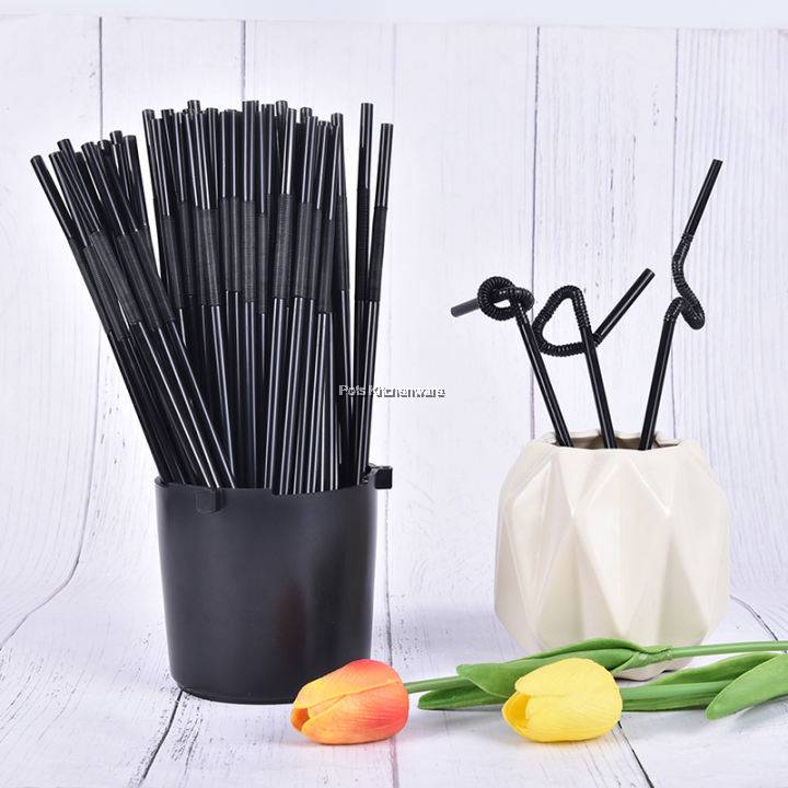 160 Pcs Disposable Black Flexible Long Joint Bending Shape Drinking ...