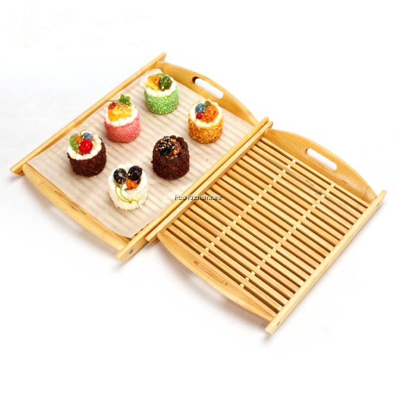 Natural Bamboo Rectangle Wicker Serving Tray Double Side Handle - BB510M