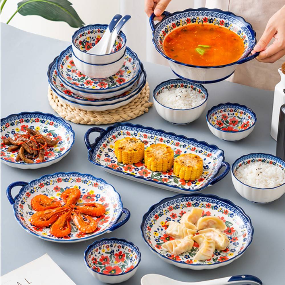 Porcelain Ceramic Plate Bowl CNY Flower Flora Dinner Rice Plate Soup ...