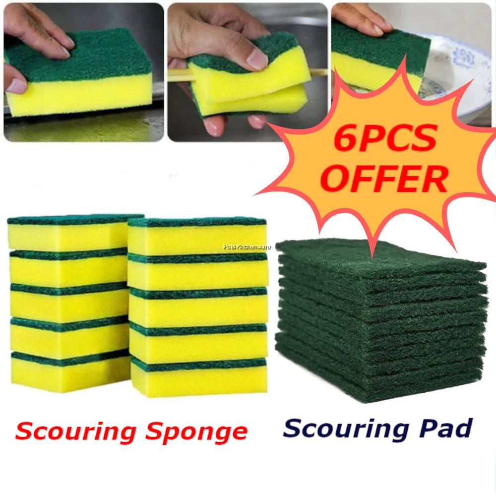 6PCS Heavy Duty Green Scouring Pad Sponge Scrubber Cleaning Scrub ...