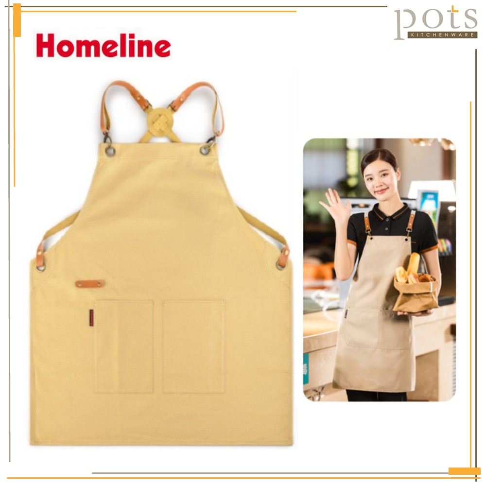 Homeline Beige Cotton Canvas Chef Barista Waiter Apron Leather Straps ...