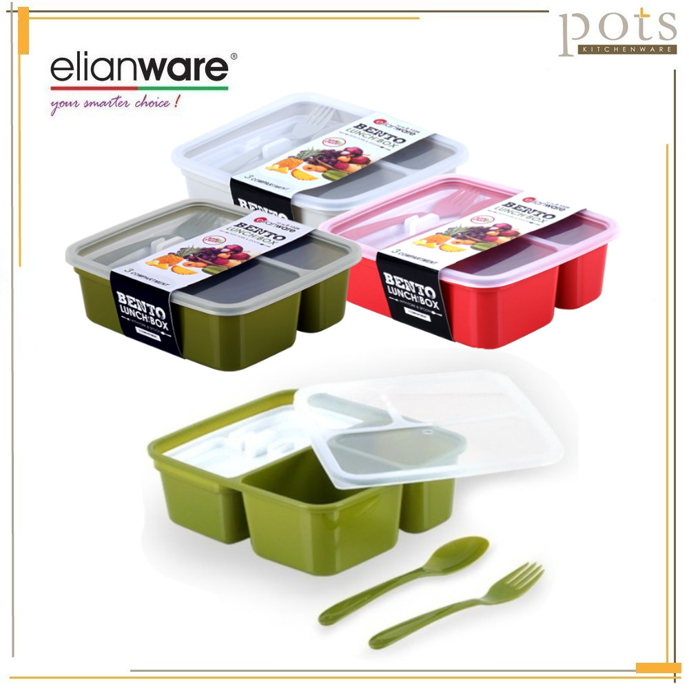 Elianware 3 Compartment BPA Free Plastic Lunch Box with Cutlery Bekas ...
