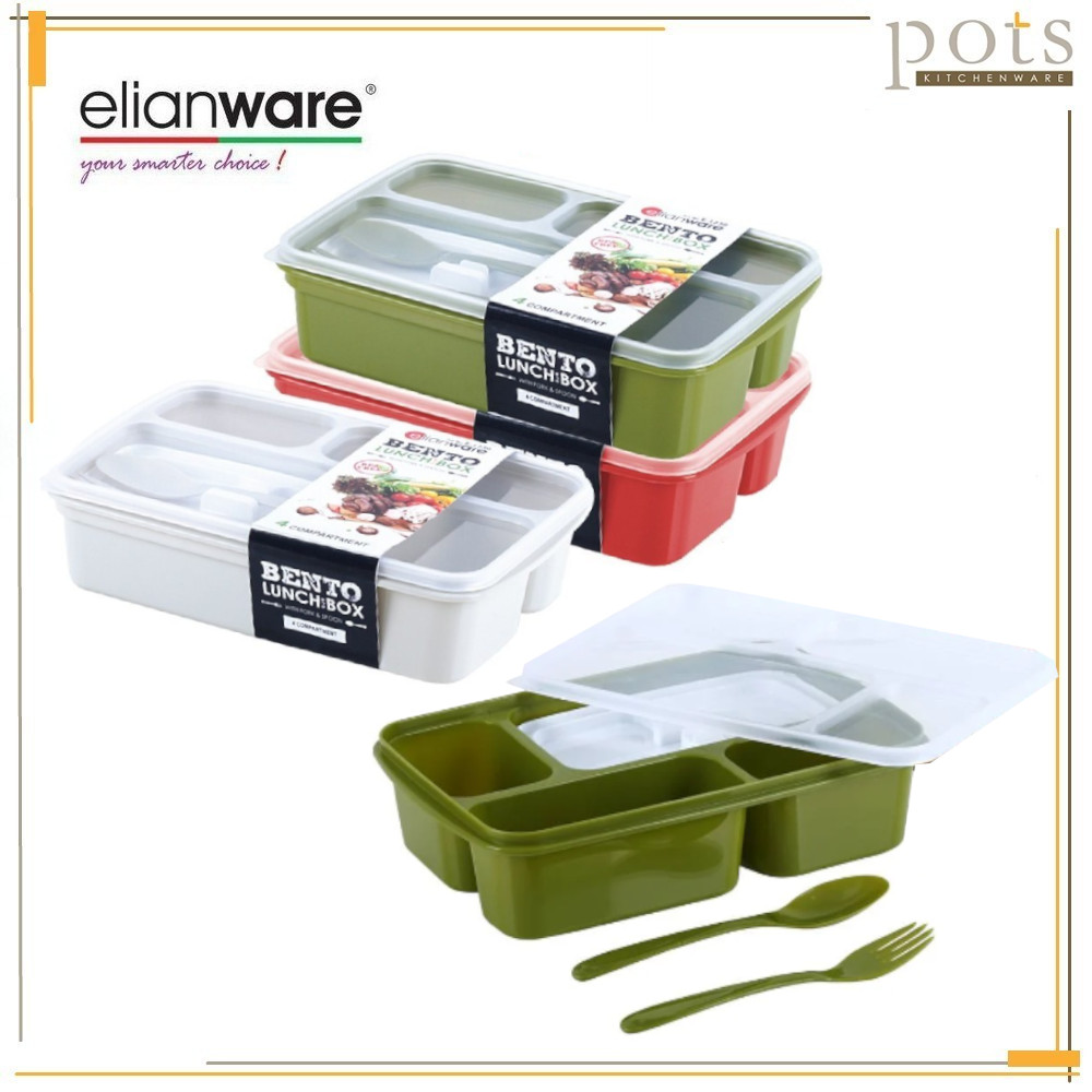 Elianware 4 Compartment BPA Free Plastic Lunch Box with Cutlery Bekas ...