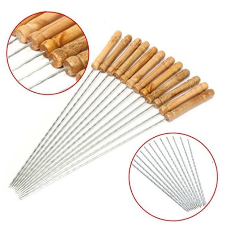 12pcs 14inch Wooden Handle Reusable Barbecue Skewer BBQ Stick BBQ ...