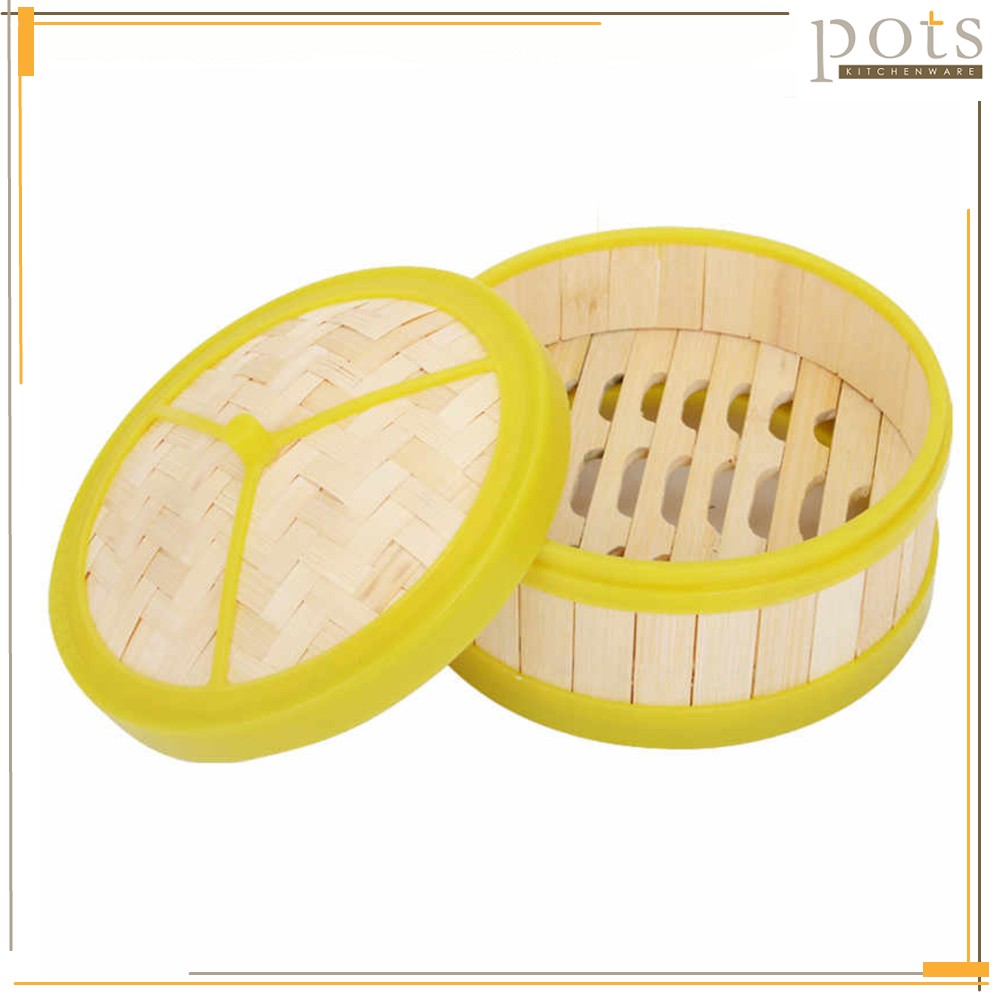 Bamboo Dim Sum Steaming Basket Cage Cover with Yellow Plastic Edge ...
